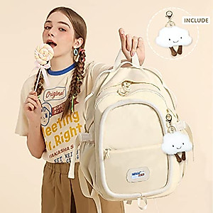 School Backpack for Girls,Girls Backpack with Cute Pendant,Kids School Bag,Aesthetic Backpack for Teen Girls for Elementary Middle School,Lightweight Bookbag for Girls,Kawaii Backpack for Girls(Beige)