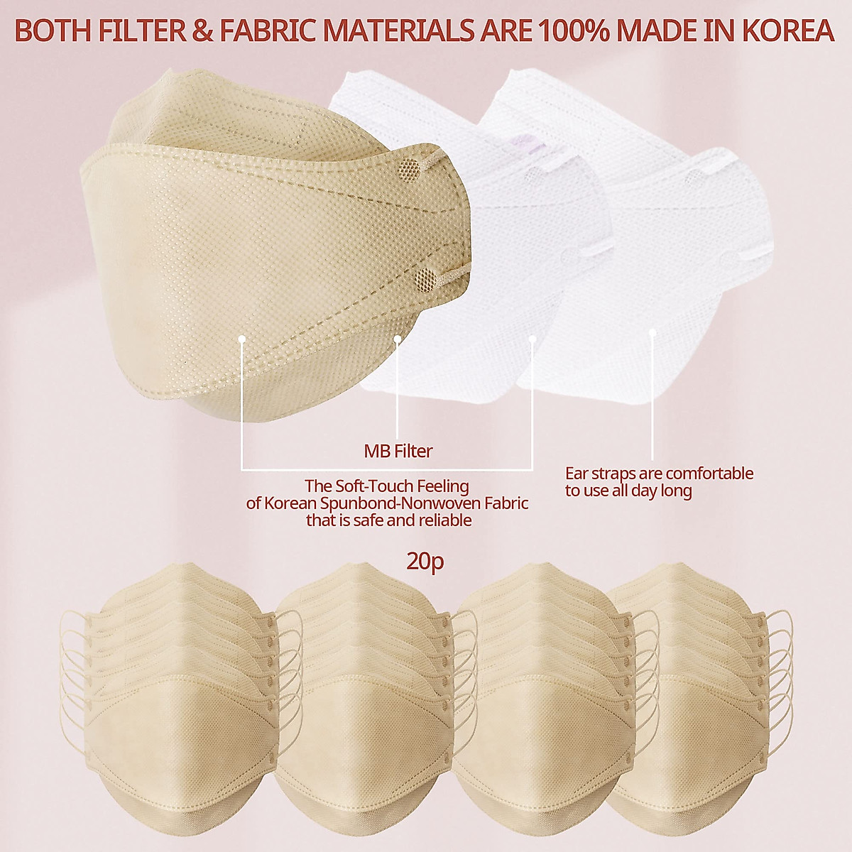 AIRAID-KF94 [Individually Wrapped] - Made in Korea, 3D Multicolor Packs, Face Protective Mask, Adult and Older Teens (Beige-20P)