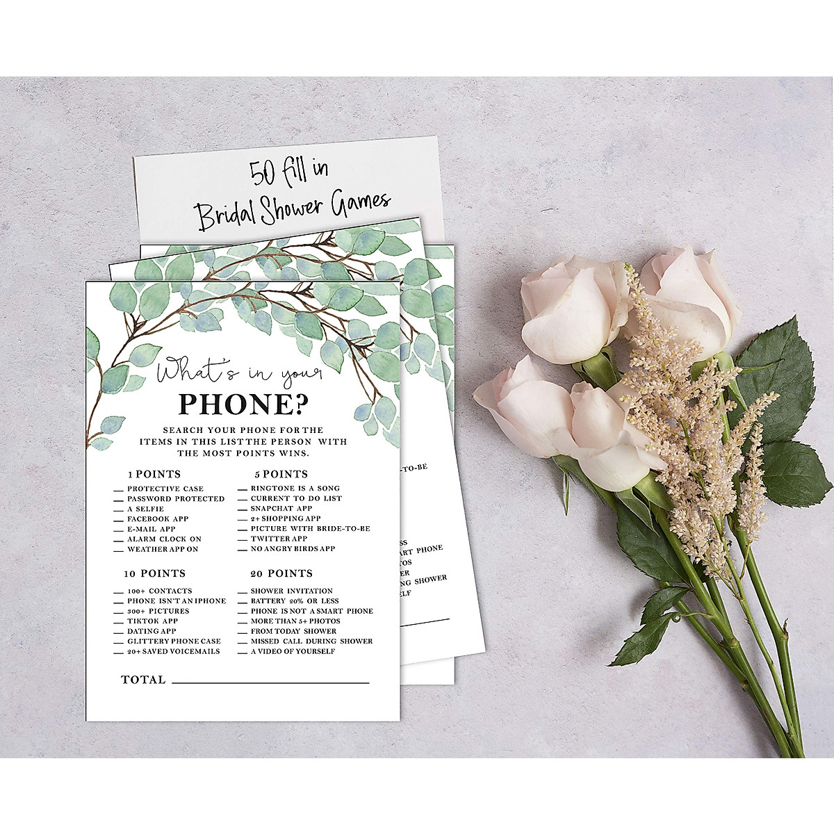 Inkdotpot 50-Pack Greenery Whats on Your Phone Bridal Shower Game Wedding Shower Bachelorette Party Bulk Activity Game Cards
