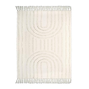 Lanffia Boho Area Rug 5' x 7'，Tufted Cotton Rainbow Living Room Rug Hand Woven Washable Farmhouse Tribal Floor Carpet for Entryway Bedroom Kitchen, Beige