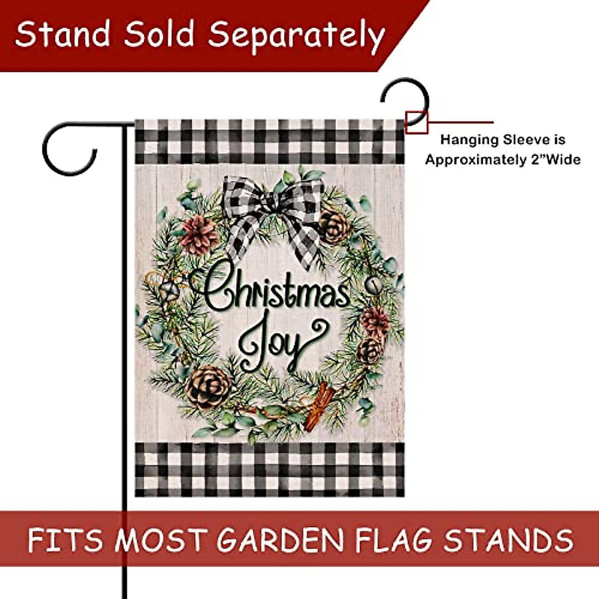 Selmad Christmas Joy Wreath Decorative Burlap Garden Flag, Xmas Buffalo Plaid Check Farmhouse Home Yard Small Outdoor Decor, Winter Pine Cone Outside Decoration Double Sided 12 x 18