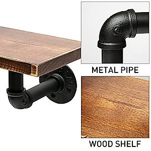 Tonport Rustic Wall Mounted Iron Water Pipe with Wooden Board Bookshelf Display Rack Simple Hanging Iron Water Pipe Floating Shelves