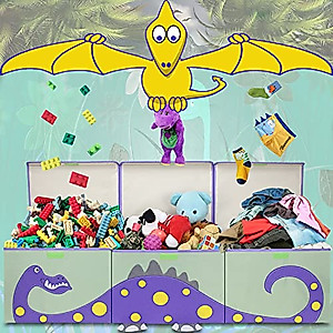 ASKETAM Kid Extra Large Dinosaur Toy Box Chest for Boy and Girl, Cute Collapsible Kids Toy Storage Bin with Lid Nursery Playroom Bedroom Baby Toy Chests Organizer(Purple 3 Pack)