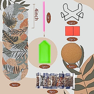 8 Pcs Leaves Diamond Painting Coasters with Holder, DIY Gray Leave Boho Diamond Art Non Slip Coaster for Adults Kids Beginners, Diamond Painting Kits Accessories Art Craft Supplies
