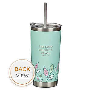 Christian Art Gifts Reusable Stainless Steel Tumbler Travel Mug w/Straw for Mothers: First My Mom Forever My Friend w/Scripture, Vacuum Insulated, Pop-up Lid, Hot/Cold, Cute Mint Green Floral, 18 oz.
