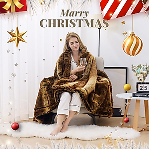 HOMFINE Luxury Faux Fur Blanket - Super Thick Warm Long Fluff Fuzzy Throw Blanket for Bed, Sofa, Couch, Home Decor with Soft Cozy Plush Velvet Back, 60"x80", Deluxe Brown