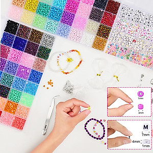 QUEFE Craft Beads Kit 21440pcs 3mm Glass Seed Beads and 960pcs Letter Beads for Friendship Bracelets Jewelry Making Necklaces and Key Chains with 2 Rolls of Crystal String, DIY Art Craft Gifts