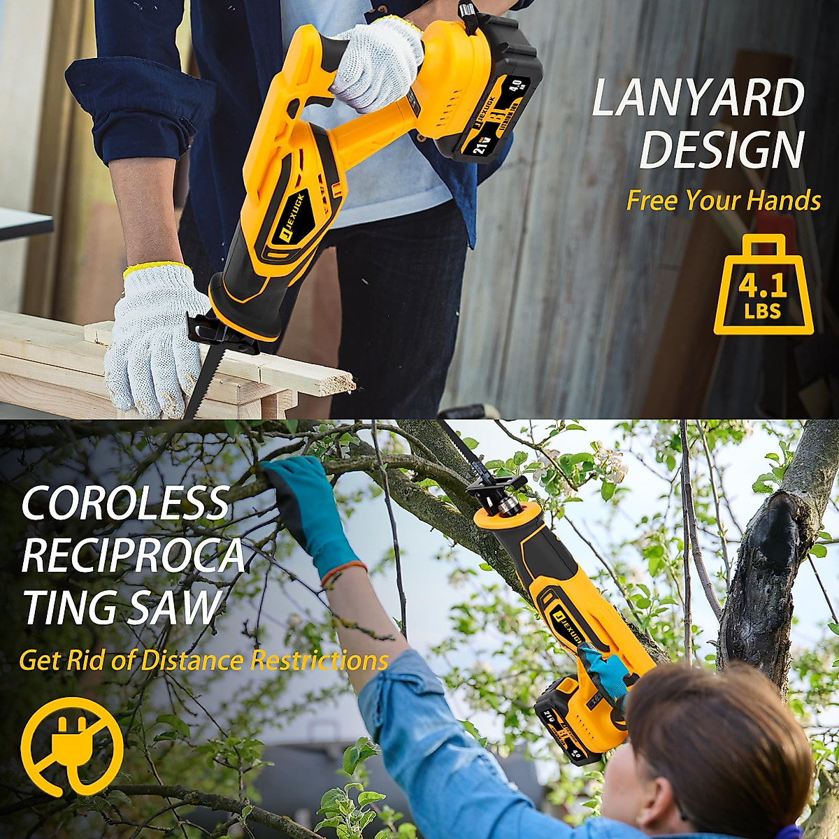 JEXUGK Brushless Reciprocating Saw Cordless, 21V Max 3500 SPM Rechargeable Saw, 2 x 4.0Ah Battery, 12 Saw Blades & Fast Charger, Variable Speed Reciprocating Saws for Woods/Metal/Plastic Cutting