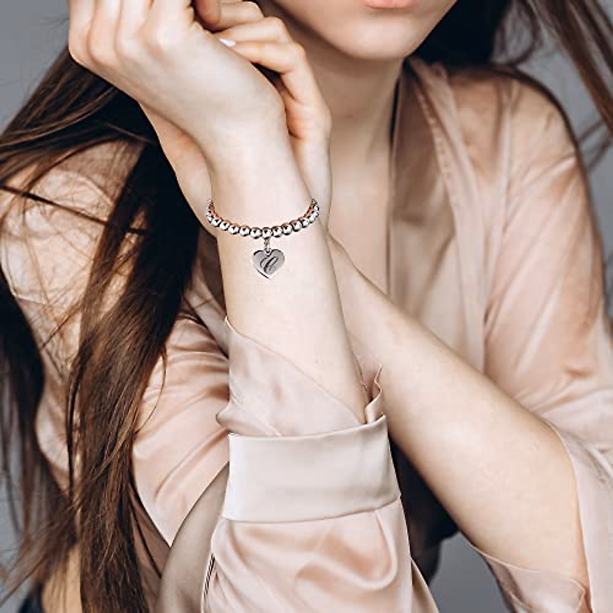 Estendly Initial Heart Charm Bracelets for Kids 6mm Stainless Steel Beaded Delicate Letters C Bracelet Jewelry Birthday Gift for Sister