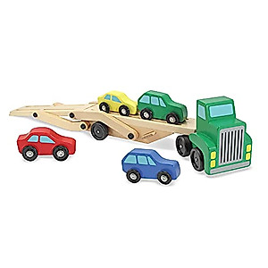 Melissa &amp; Doug Car Carrier Truck and Cars Wooden Toy Set With 1 Truck and 4 Cars - Wooden Cars, Vehicle Toys, Push And Go Wooden Trucks For Toddlers And Kids Ages 3+