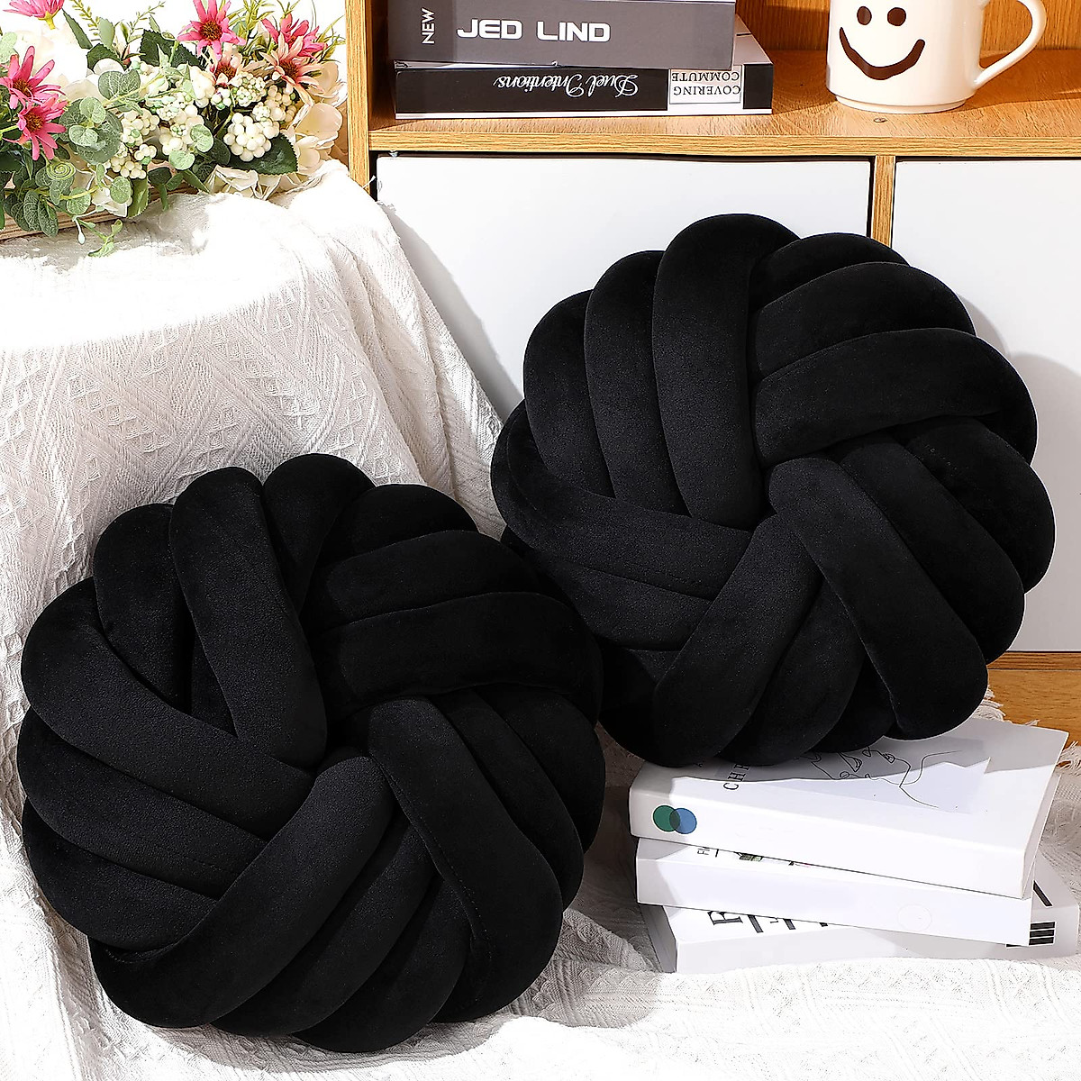 Fumete 2 Pcs Decorative Pillows 14 x 14 Inch Throw Knot Pillow for Couch Bedroom Soft Plush Sofa Ball Handmade Chair Cushion for Living Room Car Decorations (Black)