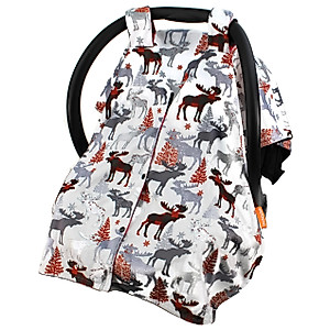 Dear Baby Gear Car Seat Canopy - Unisex Infant Car Seat Cover - Soft and Breathable Fabric - Fits Most Carseats - Winter Moose/Red Black Plaid - 40"x30"