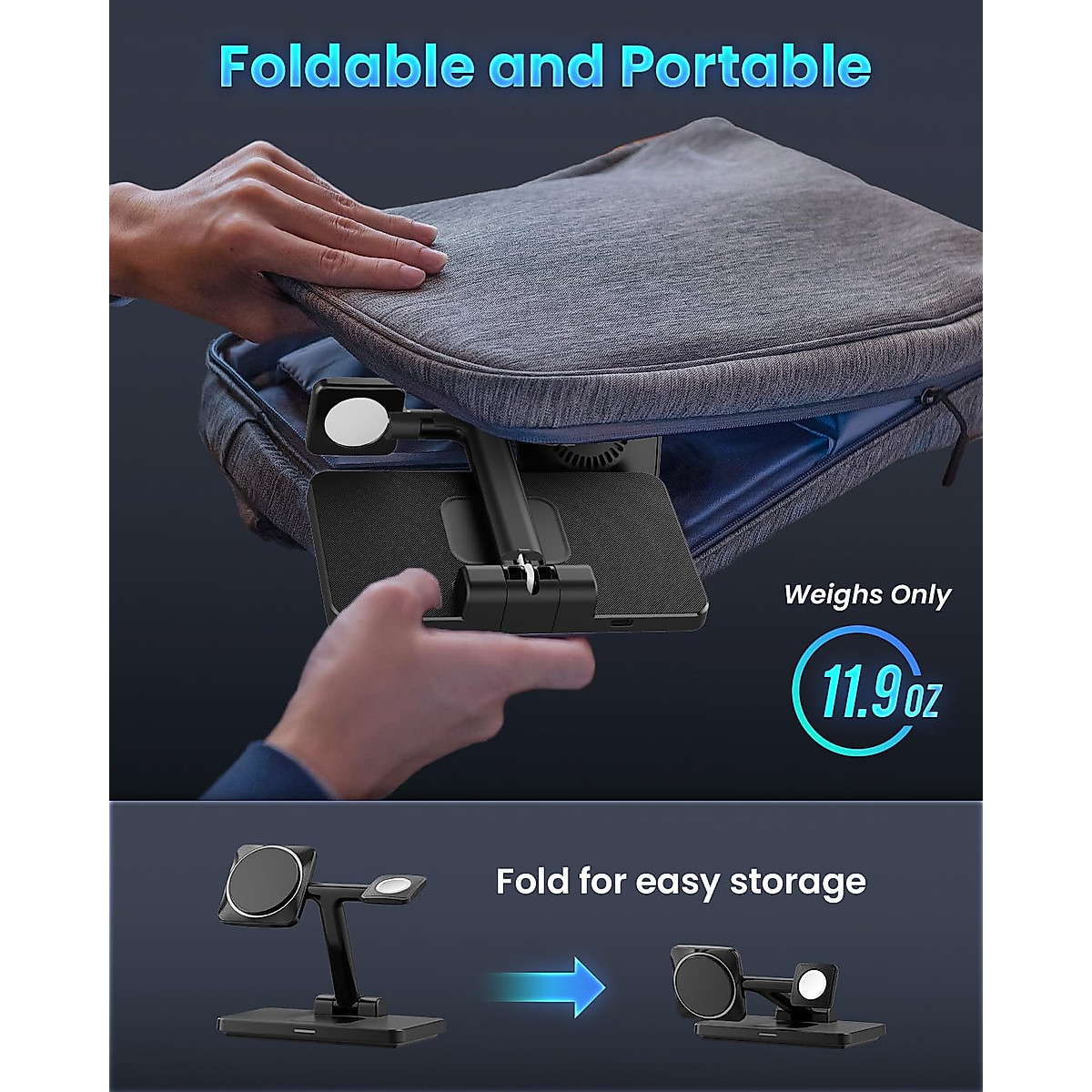 3-in-1 Foldable Charger Stand for MagSafe: JoyGeek Wireless Charging Station for iPhone 15/14/13/12 Pro Max Plus Mini, Magnetic Mag-Safe Dock for Apple Watch Ultra/SE/9/8/7/6/5/4/3/2, Air Pods Pro/3/2