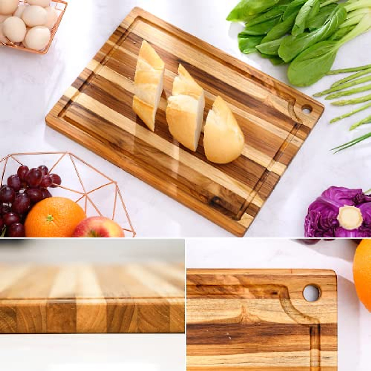 BEEFURNI Teak Wood Cutting Board with Juice Groove, Small Wooden Cutting Boards for Kitchen, Hanging Chopping Board, Mothers Day Gifts, 1 Year Warranty, (Small, 14 x 10 x 0.6 inches)