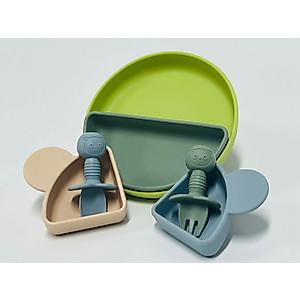 MIX COLOR SILICON BABY FEEDING SET, BABY EATING SUPPLIES, BABY LED WEANING SUPPLIES (Blue Beige Green)