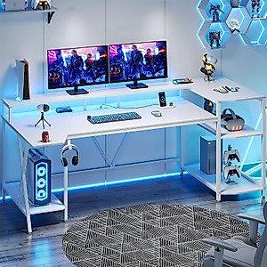 SEDETA White Gaming Desk 70.8'' with LED Lights and Storage Shelves, Computer Desk with Monitor Stand, Power Outlets and Cup Holder, Large PC Gamer Desk, Gaming Table for Bedroom, Living Room
