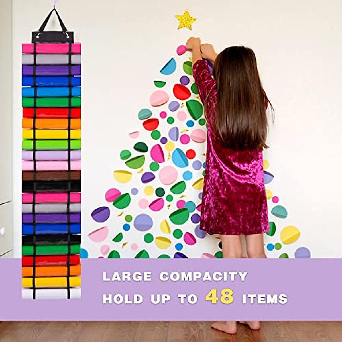 AGX Bravo Vinyl Roll Holder with 48 Compartments - Clear Vinyl Storage Organizer Wall Mount/Over The Door, Hanging Craft Vinyl Storage Rack with Door Hooks and Strap (Black)