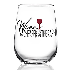 Toasted Tales Wine Is Cheaper Than Therapy Drinking Glasses | 15 oz Stemless Bachelorette Wine Glasses | Cute Wine Glass Tumbler | Glassware For Novelty Gifts | Girls Weekend Gifts For Women