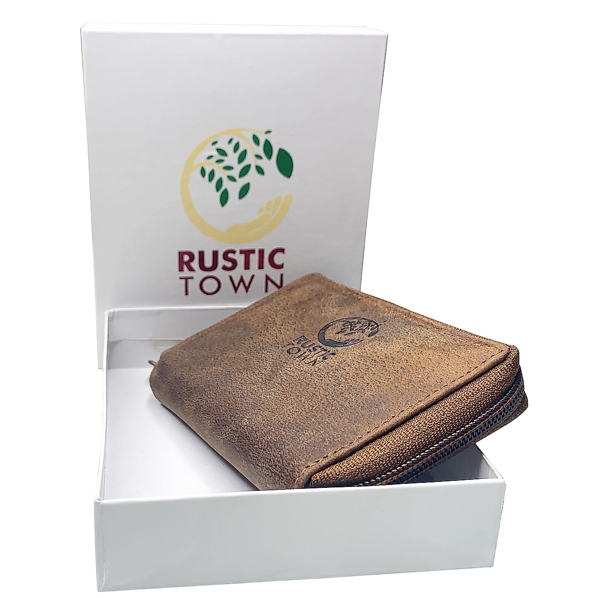 RUSTIC TOWN Leather Key Case Holder - Zippered Key Organizer Wallet with 8 Hooks for Keys, Cash, and Card - Gift for Men and Women (Brown)