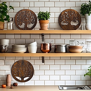 Beeveer 3 Pcs Life Tree Wooden Trivets Round Plates Hot Dishes Trivet Heat Resistant Hot Pan Holder Winter 8 Inch(Brown)