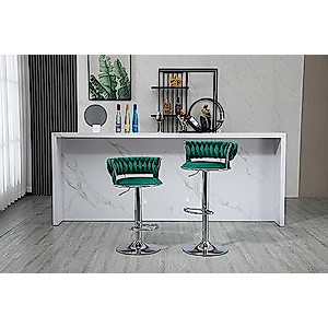 Kakotito 360° Velvet Swivel Bar Stools with Low Back & Footrest, Adjustable Counter Barstools, Silver Bar Stool (Set of 2 - Silver Version, Emerald)