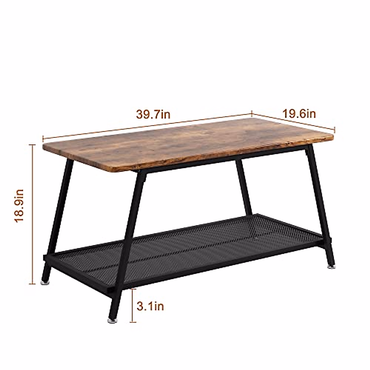 IDEALHOUSE Coffee Table Industrial Center Table 2-Tier Living Room with Mesh Shelf Rectangle Wood Cocktail Table Metal Frame, Easy to Assemble, Rustic Brown