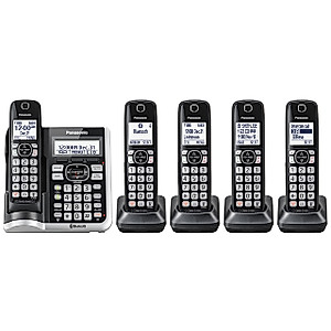 Panasonic Link2Cell Bluetooth Cordless Phone System - 5 Handsets - KX-TGF575S (Silver) & KX-TCA430 Comfort-Fit, Foldable Headset, Regular, Grey/Silver