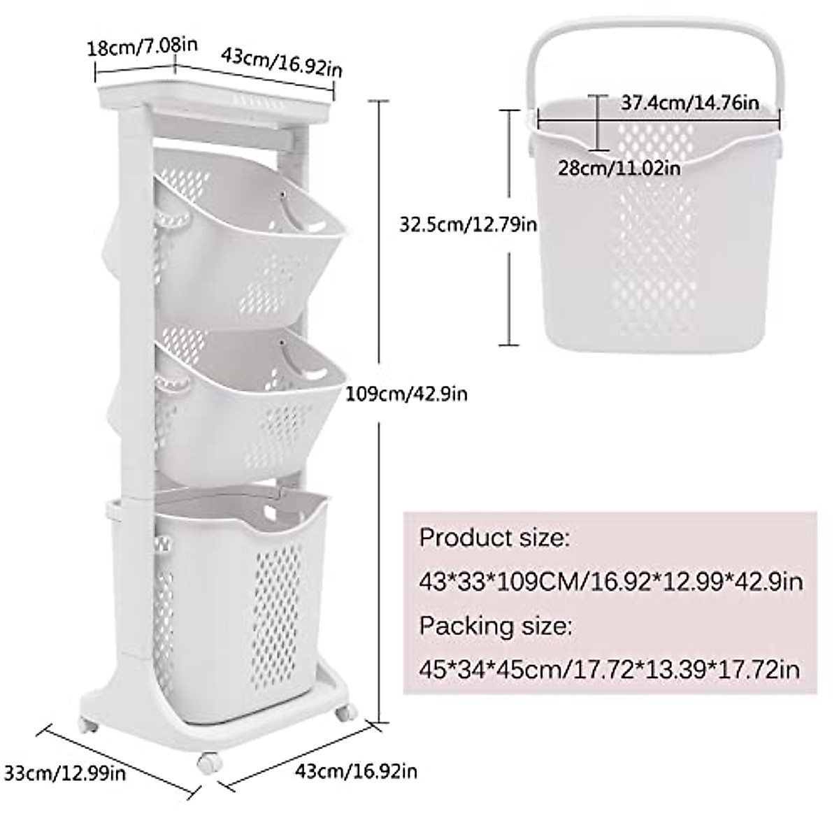 3 Layer Laundry Hamper Basket Sorter Wash Clothes Storage Organizer Rolling Cart With pulleys, used in the bathroom bedroom to store dirty clothes clothes basket