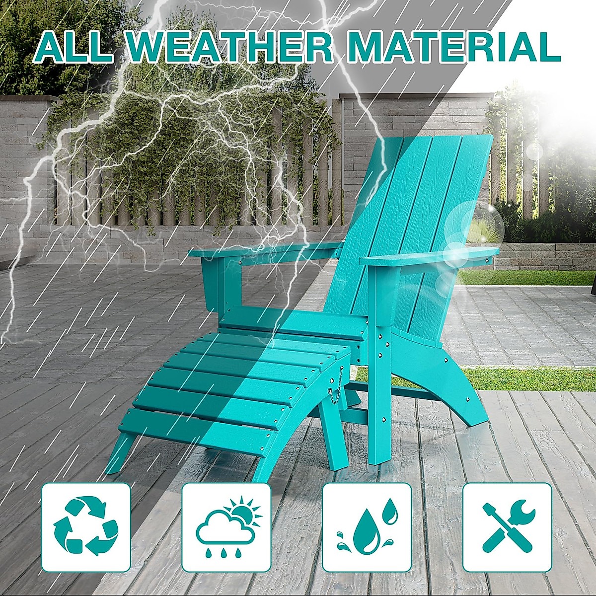 Adirondack Chair with Ottoman Weather Resistant Fire Pit Chairs with Footrest HDPE Outdoor Adirondack Chair for Patio Front Porch Pool Garden Deck Fire Pit Outside, Teal