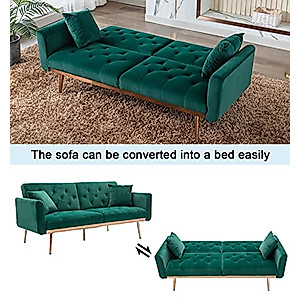 SLEERWAY Velvet Futon Sofa Bed with 5 Golden Metal Legs, Sleeper Sofa Couch with Two Pillows, Convertible Loveseat for Living Room and Bedroom, Green