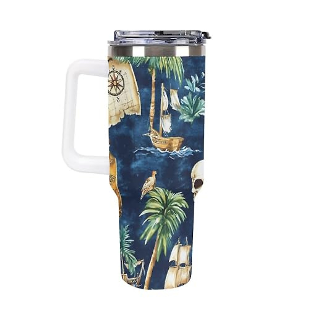 Skull Sailing Ship Parrot Coconut Tree 40oz Water Bottle Double Wall Insulated Tumbler with Handle Leakproof Travel Mug White-style