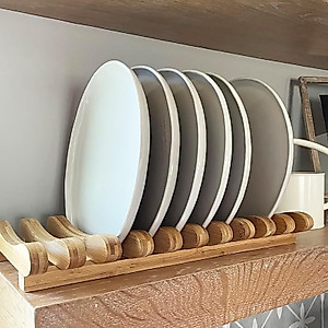 Frcctre Bamboo Dish Drying Rack, 10 Slots Bamboo Cabinet Plate Stand Dish Drainer Wooden Plate Rack Pot Lid Holder Kitchen Dish Plate Storage Organizer for Countertop Cabinet