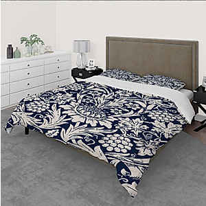 RIVINE Willam Morris Style Duvet Cover Set 3 Pieces Sunflowers Iris (Blue) Pattern Soft Bedroom Bedding Set with 2 Pillow Shams Zipper 4 Ties Full