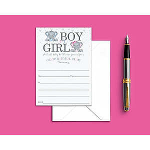 Elephant Gender Reveal Invitations with Envelopes (25 Pack) Invites for Baby Shower Party – Pink and Blue Theme Boy or Girl – Fill-In Details on Blank Card Set 5x7