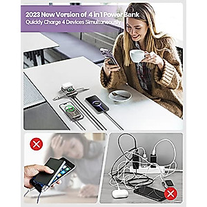 Coolreall 【4 in 1】 Magnetic Wireless Power Bank, Slim 10000mAh Portable Charger with Phone Holder, 15W Type-C Fast Charger Mag-Safe Battery Pack Compatible with iPhone 14 13 12 iWatch Series