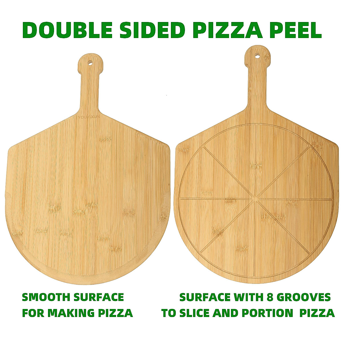 YOUYIXUN Pizza Peel 12 inch,Double Sided Wooden Pizza Paddle Spatula Oven Accessory,Bamboo Pizza Board with handle,Wood Cutting Board for Cheese Bread Fruit Vegetables