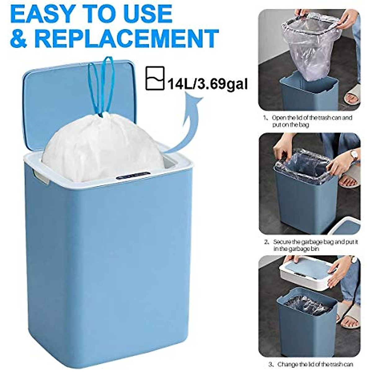 Inductive Trash Can,Touchless Sensor Trash Can 14 Liter/3.7 Gallon Large Capacity Trash Can with Lid, Automatic Sensor Waste Basket for Kitchen Home Office Bedroom