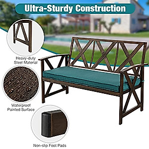 Giantex 51.5” Outdoor Garden Bench - Patio Chair with Heavy-Duty Wood Grain Coated Steel Frame, Detachable Sponge-Padded Cushion, Pattern Backrest & Armrests Double Seat, Metal Benches for Outdoors