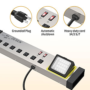 ZESEN 10-Outlet Power Strip with LED Worklight Surge Protector 4ft Cord with Dual Smart USB, Workshop/Garage/Office/Home, ETL Listed