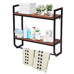 Kinsuite 2-Tier Metal Industrial Wall Mounted Bathroom Shelves Rustic Wall Storage Rack Over Toilet with Towel Bar, Floating Shelves Towel Holder