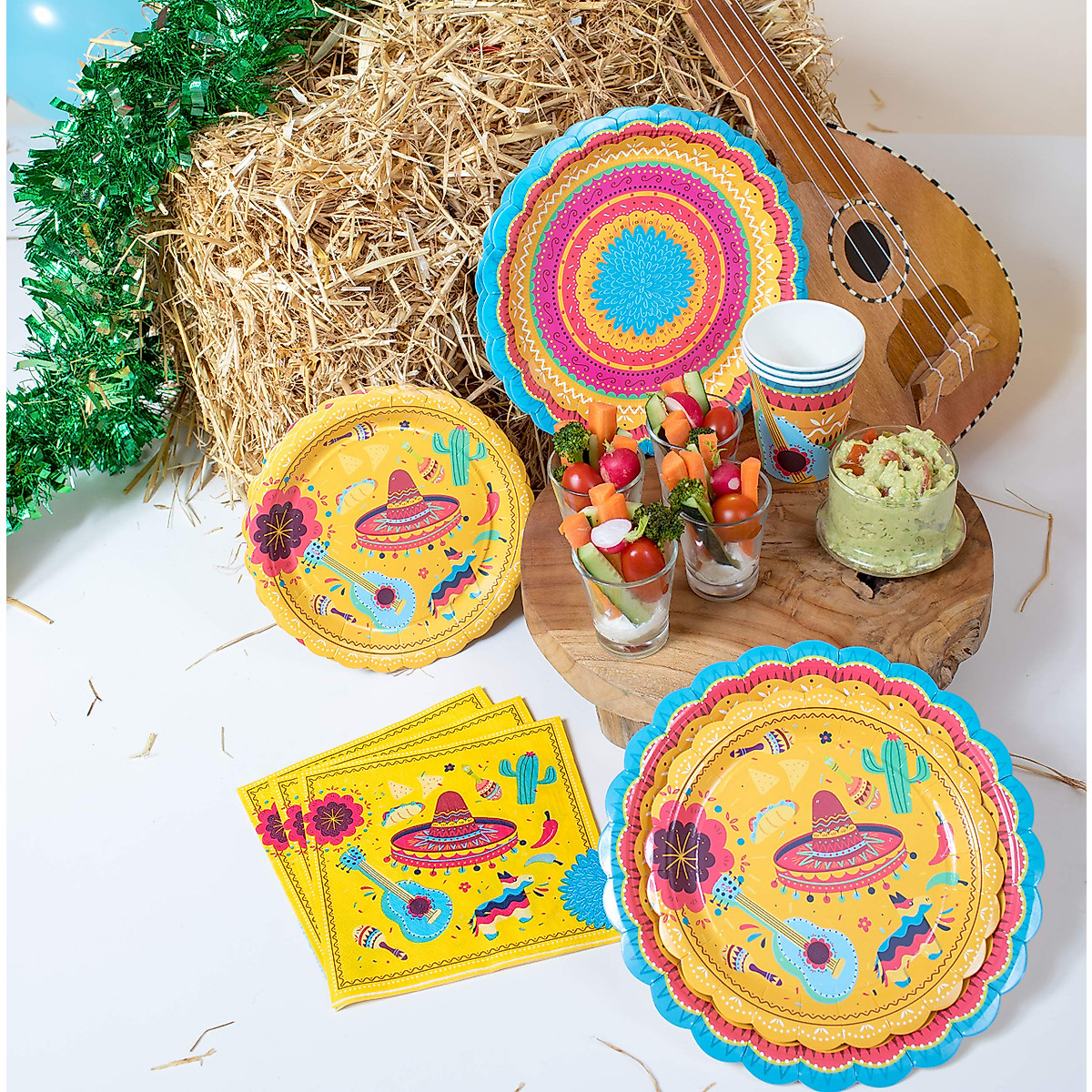 Mexican Fiesta Paper Plates Serves 16 Guests - Includes 16 Large Dinner Plates, 16 Dessert Plates, 16 Cups, and 16 Napkins | Perfect for Birthday, Taco Party, Cinco de Mayo and More