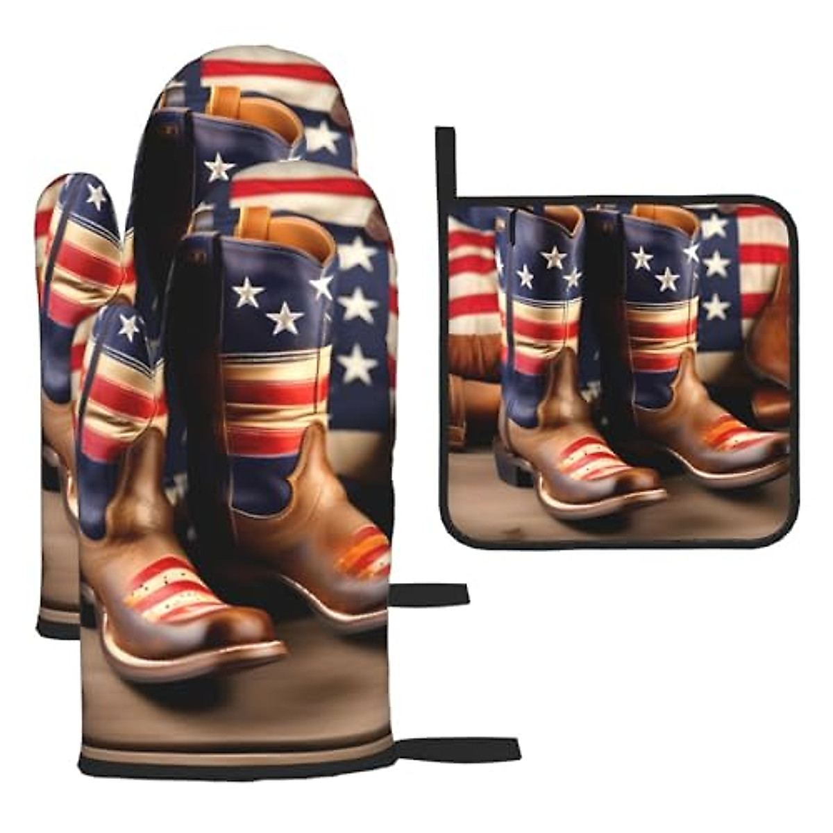 American Flag with Cowboy Boots Oven Mitts and Pot Holders Setâ€“Ultimate Heat Resistant Set for Kitchen and Dining