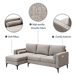 Prohon 86" L Shaped Modern Chenille Convertible Sectional Reversible Chaise Lounge and 2 Round Pillows, 4-Seat Couches Upholstered Small Space Sofas for Living Room, Apartment,Camel