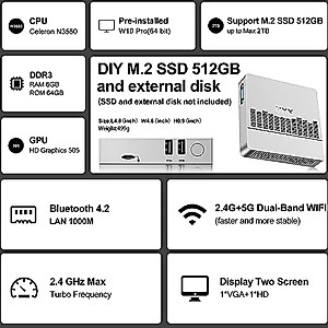 UXX Mini PC Support 512GB M.2 SSD, Intel Celeron N3350 (Up to 2.4GHz) Mini Computer, 6GB RAM/64GB Micro PC HDMI/VGA Dual Display,Mini Desktop Computer WiFi5/BT/VESA/Mouse,for Business,Home,Office