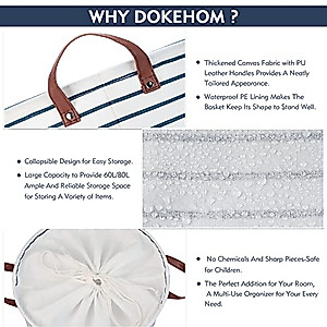 DOKEHOM 20-Inches Freestanding Laundry Basket with Lid, Collapsible Large Drawstring Clothes Hamper Storage with Handle (Blue Stripe, L)