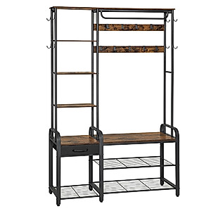 Hzuaneri Hall Tree, Coat Rack with 3-Tier Storage Bench and 1 Drawer, 5-in-1 Entryway Bench with 17 Hooks, 1 Hanging Rod, 4-Tier Side Shelves, Rustic Brown HT03501B