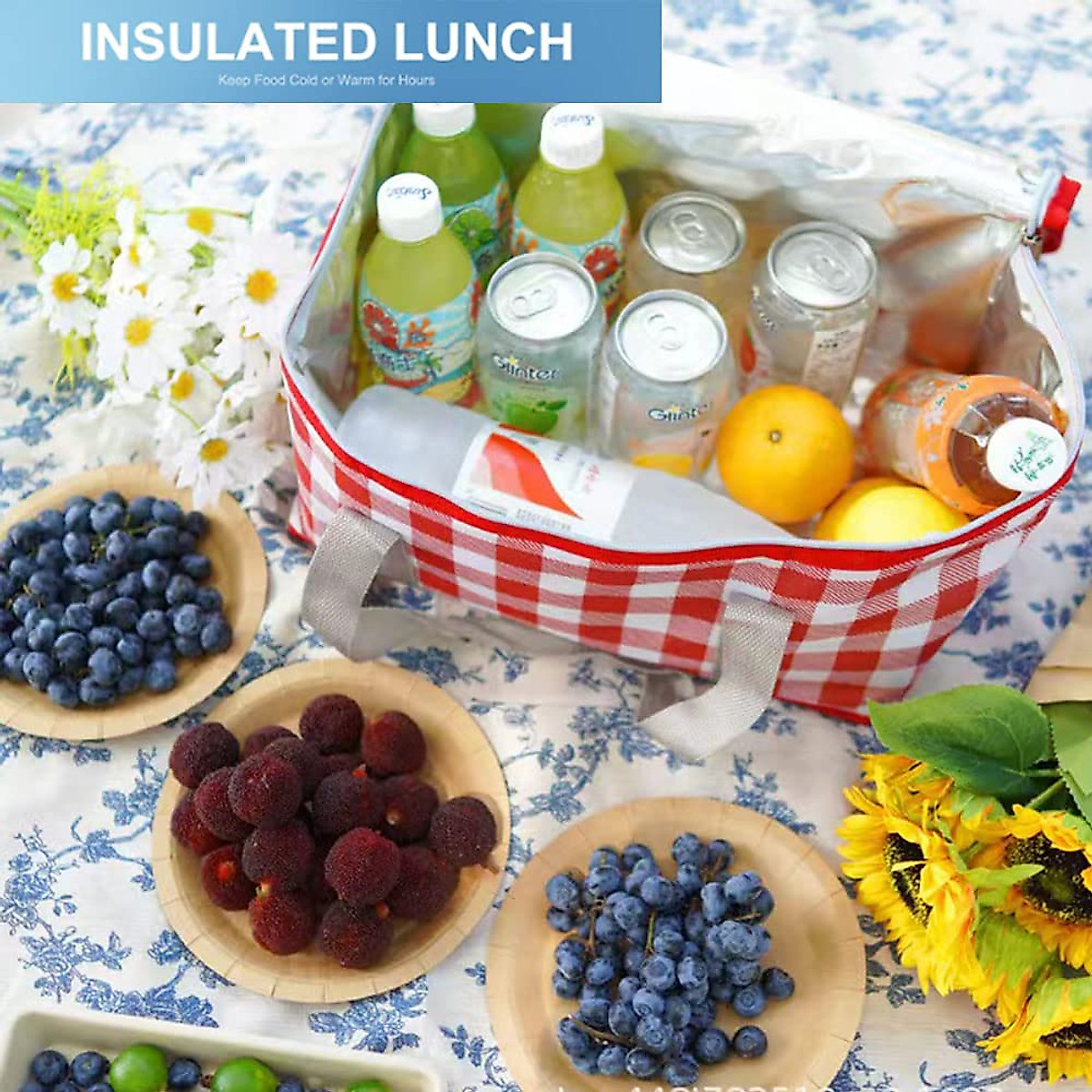 Insulated Picnic Bag Reusable,Beach Bag Cooler Bags, Cooler Bags with Zippered Top - Insulated Bag for Hot or Cold,Picnic,Beach,Food Delivery, Outdoor (13.8x7.9x7.9 in) (Red)