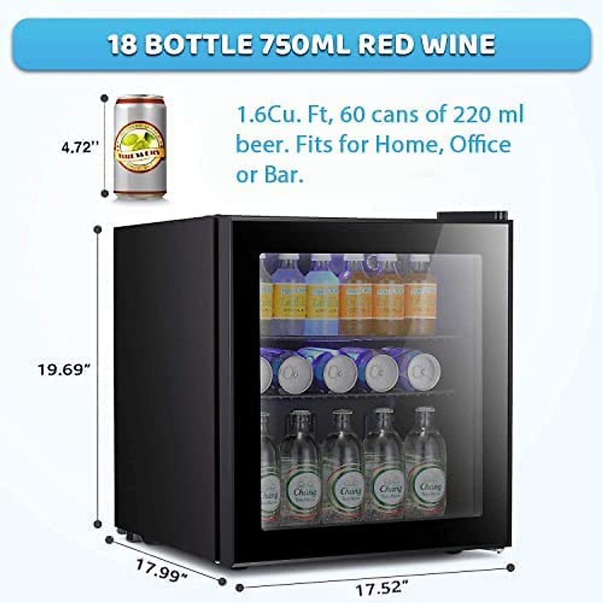 Antarctic Star Mini Fridge Cooler - 70 Can Beverage Refrigerator Black Glass Door for Beer Soda or Wine –Small Drink Dispenser Machine Clear Front Removable for Home, Office or Bar, 1.6cu.ft.
