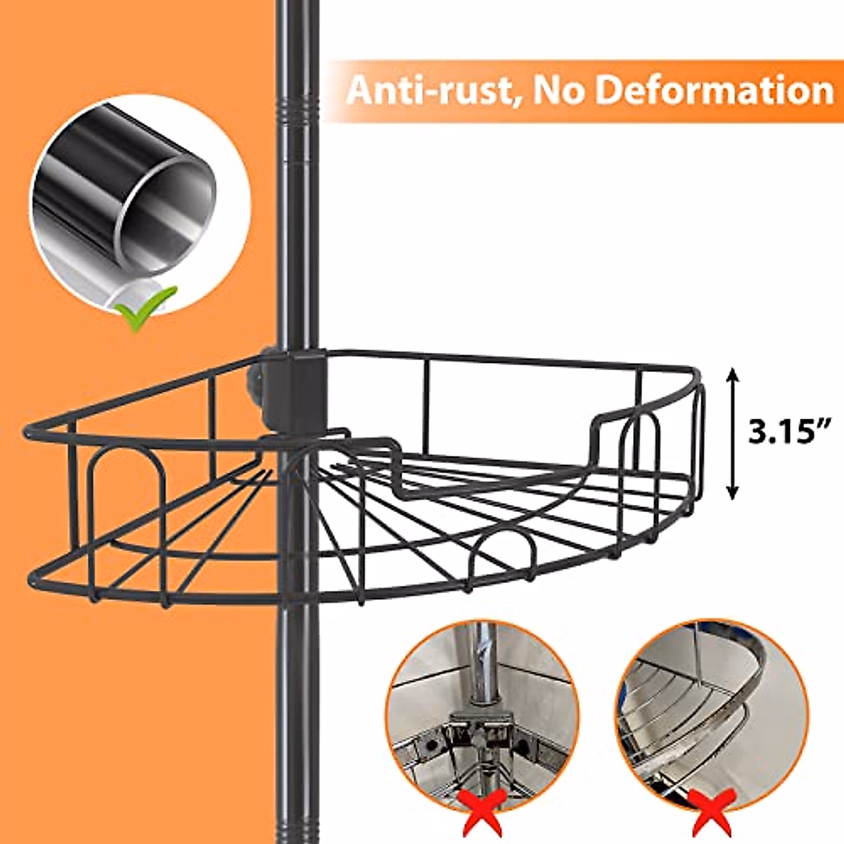 YeYeBest Shower Organizer Caddy, Home Decor Organization And Storage 39-125 Inch for Bathroom Corner Shelves Rack Countertop Adjustable with Tension Pole