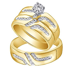 Jewel Zone US White Natural Diamond Wedding & Engagement Trio Band Ring Set in 10K Solid Yellow Gold (0.28 Carat)